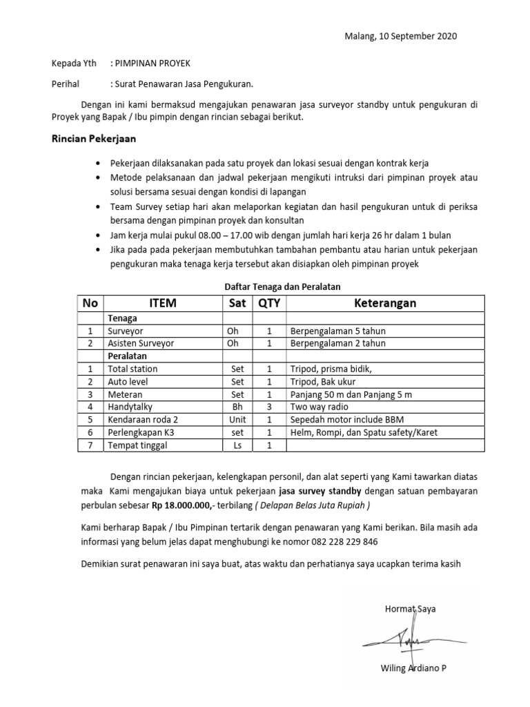 Surat Penawaran Jasa Surveyor Standby. | PDF