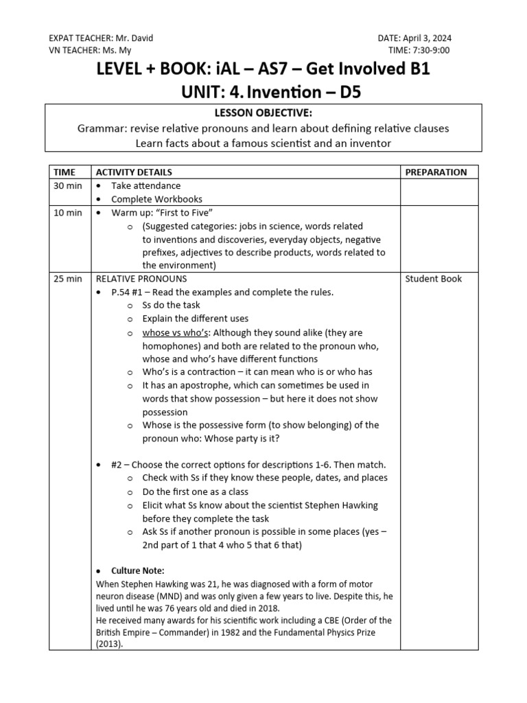 LEVEL + BOOK: iAL - AS7 - Get Involved B1 UNIT: 4. Invention - D5 | PDF ...