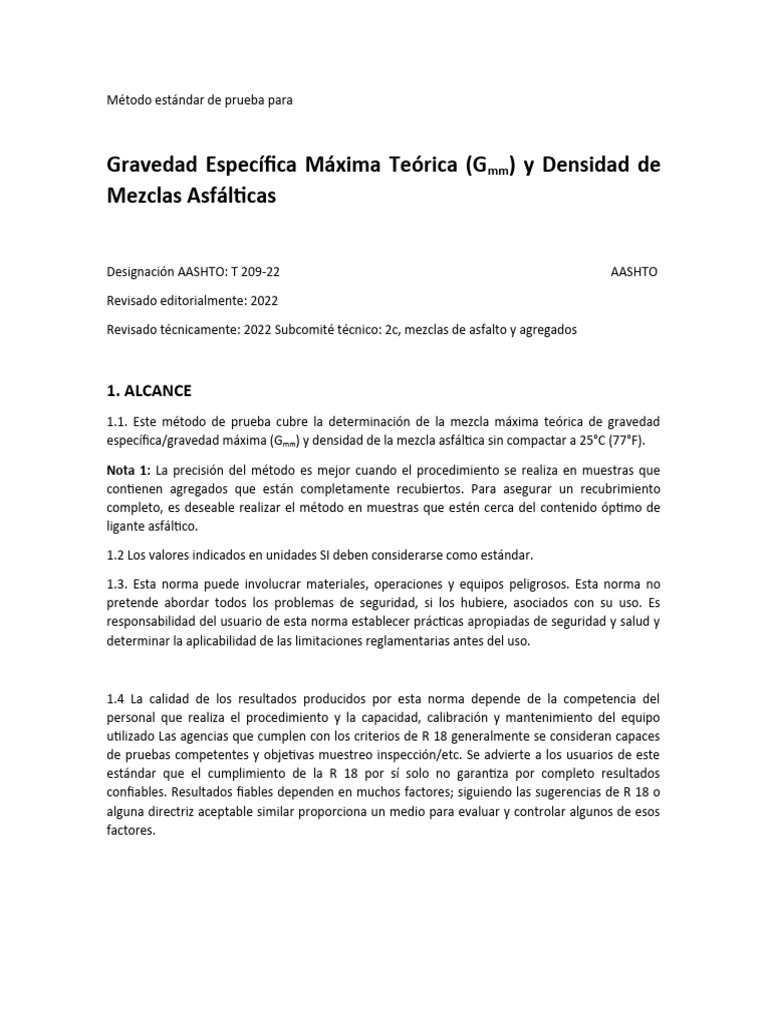 Aashto T 209-22 | PDF | Vacío | Presión