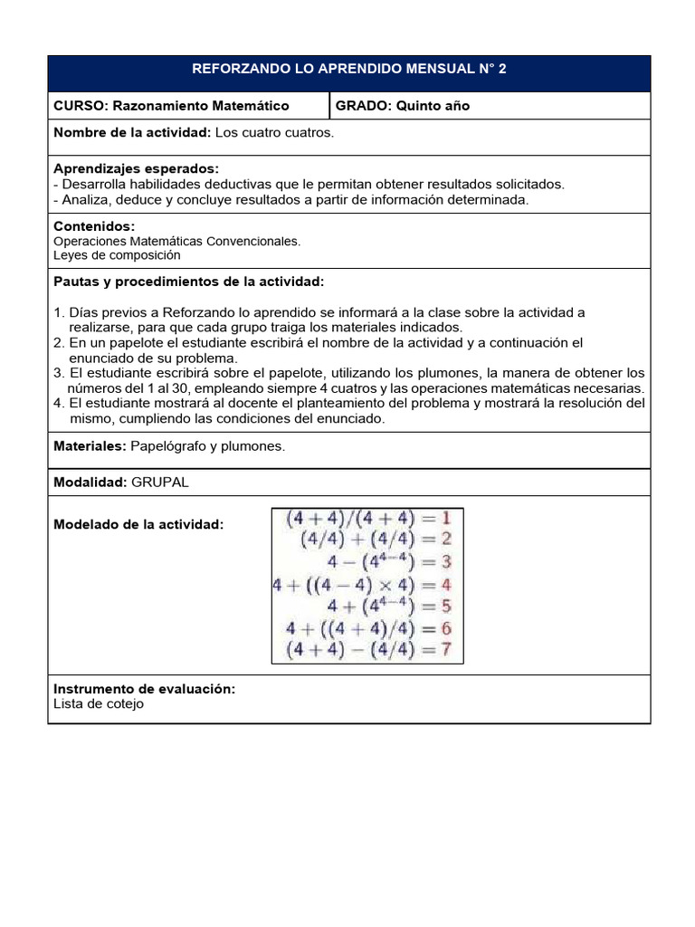RM - 5to Año - Reforzando Lo Aprendido - Mensual Nro 2 | PDF | Evaluación | Cognición