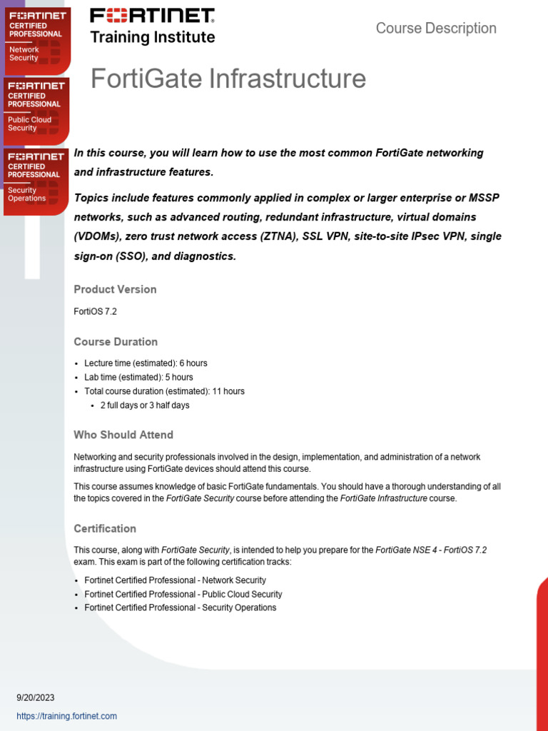 FortiGate Infrastructure 7.2 Course Description | PDF | Virtual Private Network | Computer Network