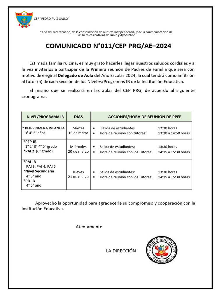 COMUNICADO INICIO DE CLASES N11 2024 1ERA REUNION DE PPFF | PDF
