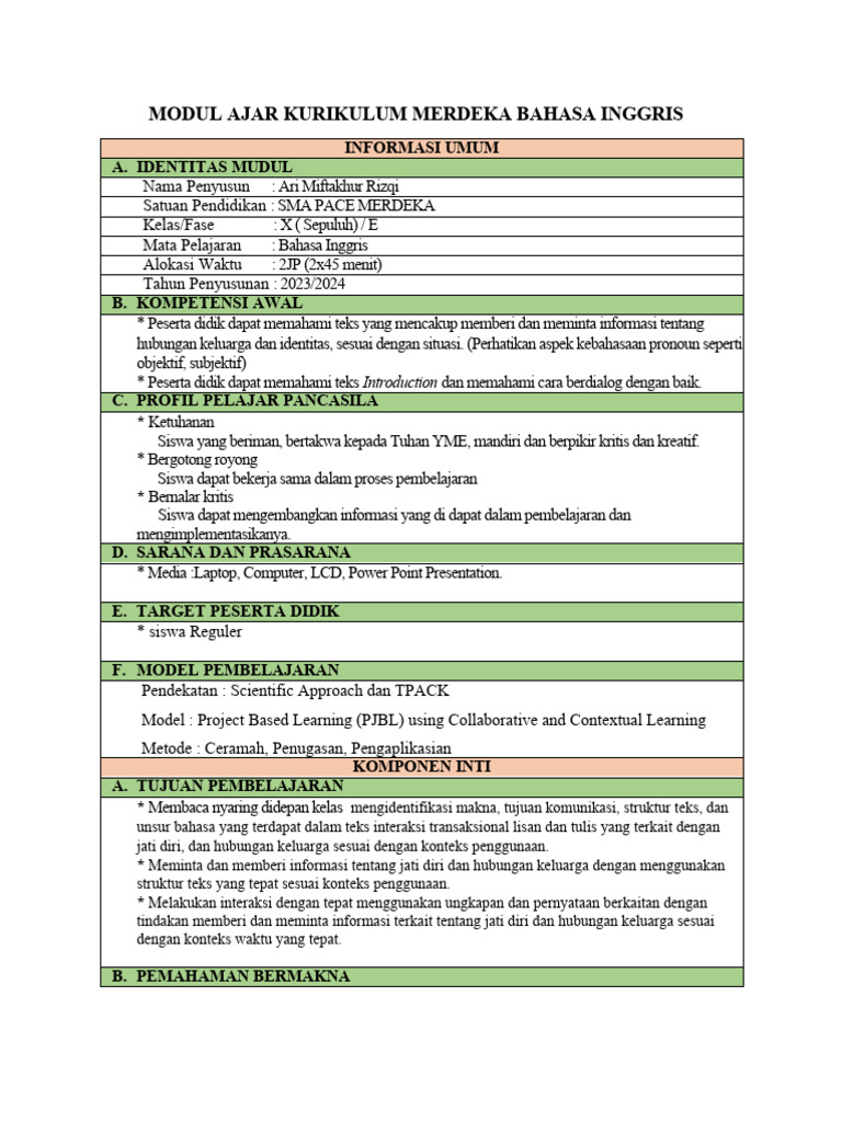 Modul Ajar Kurmer Kelas X SMA Fase E | PDF
