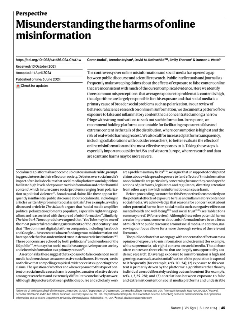 Misunderstanding The Harms of Online Misinformation | PDF | Social Media | Popular Culture ...