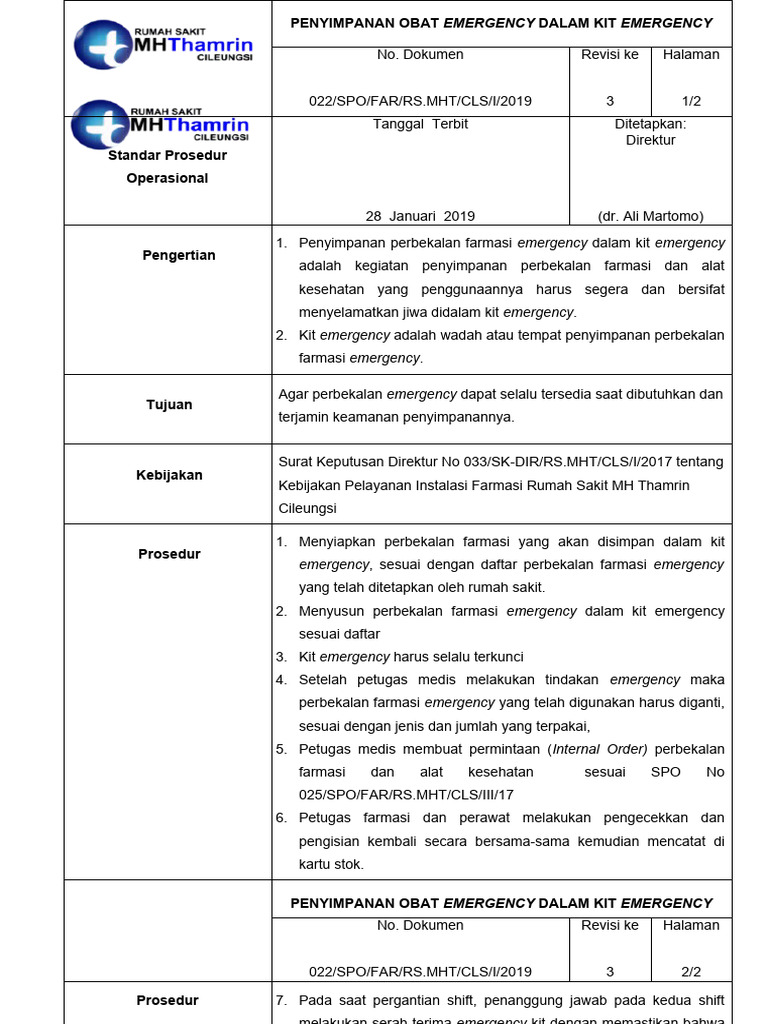 OK 022 SOP PENYIMPANAN OBAT EMERGENCY DALAM KIT EMERGENCY Revisi 19 ...