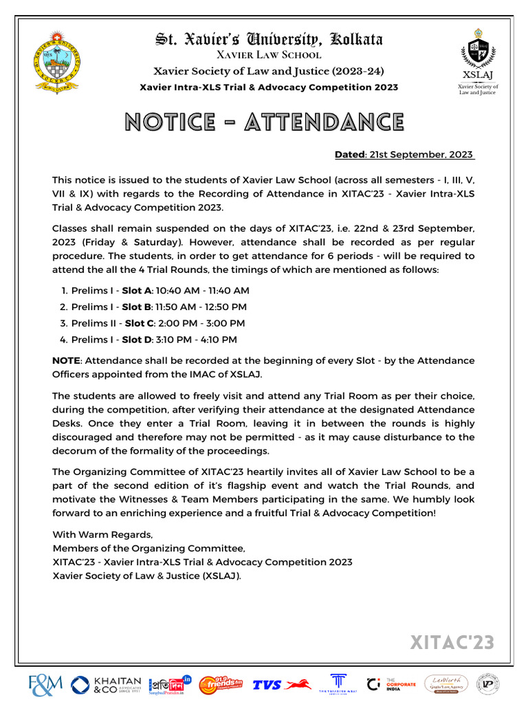 Notice - Attendance (XITAC'23) | PDF