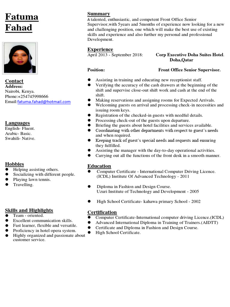 Front Office Supervisor Profile | PDF | Career & Growth
