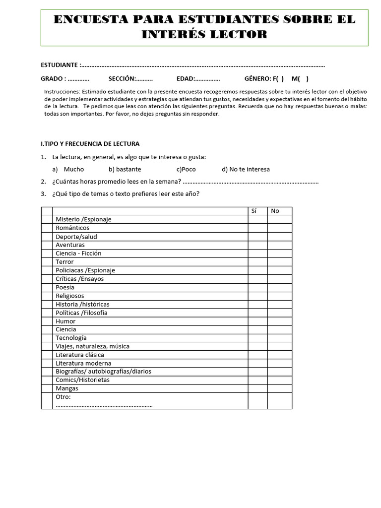 Encuesta sobre Interés Lector Estudiantil | PDF | Cómics