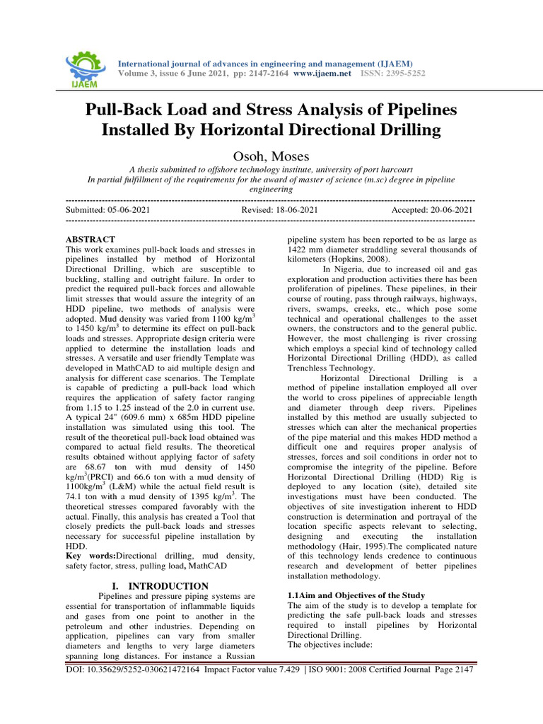 Pull-Back Load Analysis for HDD Pipelines | PDF | Bending | Stress ...