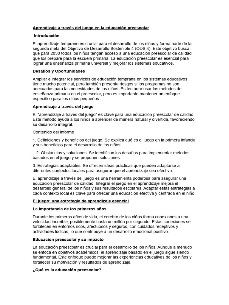 Aprendizaje A Través Del Juego En La Educación Preescolar Pdf Educación De La Primera 