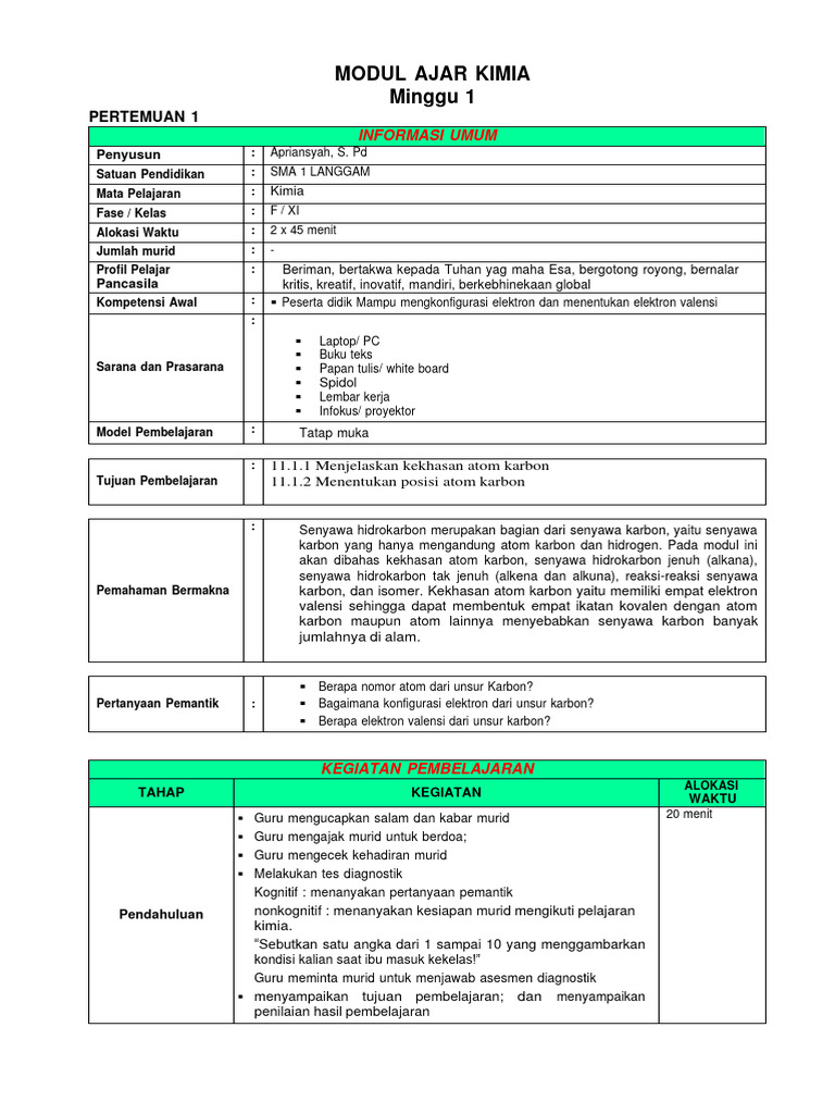 Modul Ajar Kimia - Modul Kimia (Hidrokarbon) - Fase F | PDF