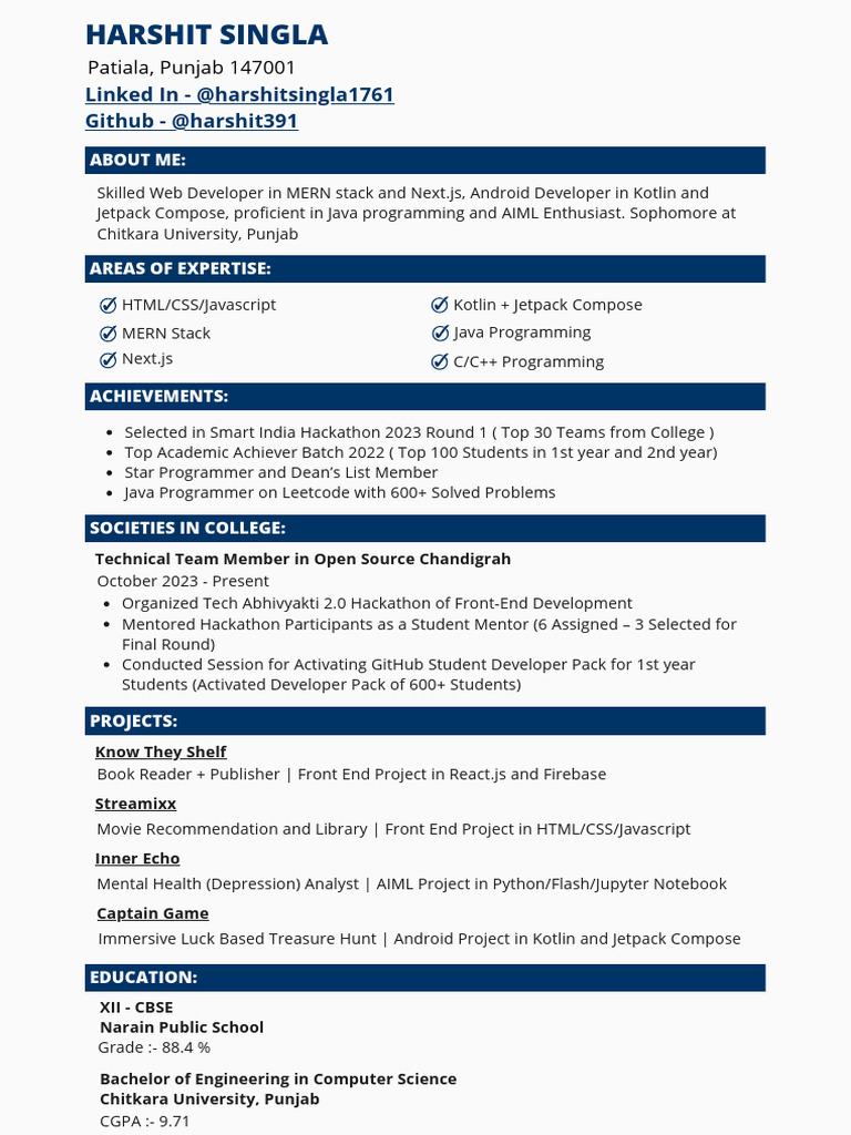 Resume - Harshit Singla | PDF
