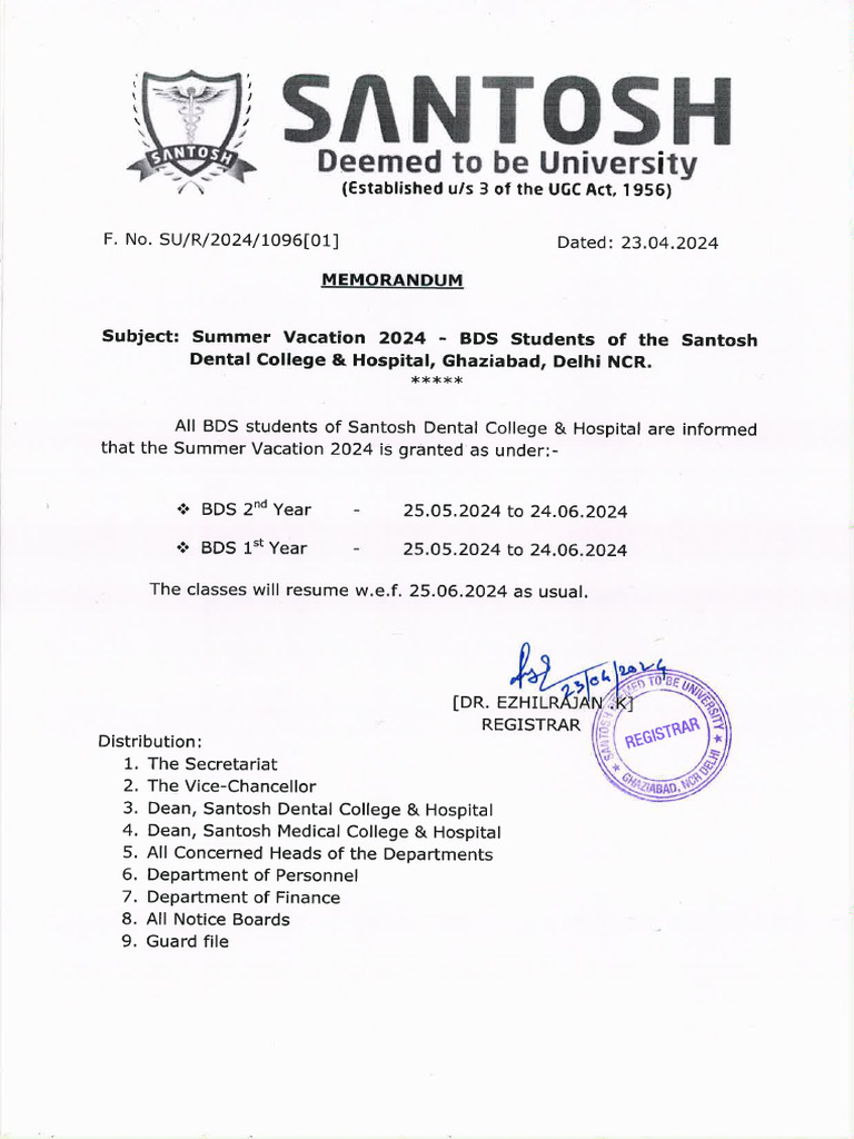 Summer Vacation 2024 For BDS 1st and 2nd Year | PDF