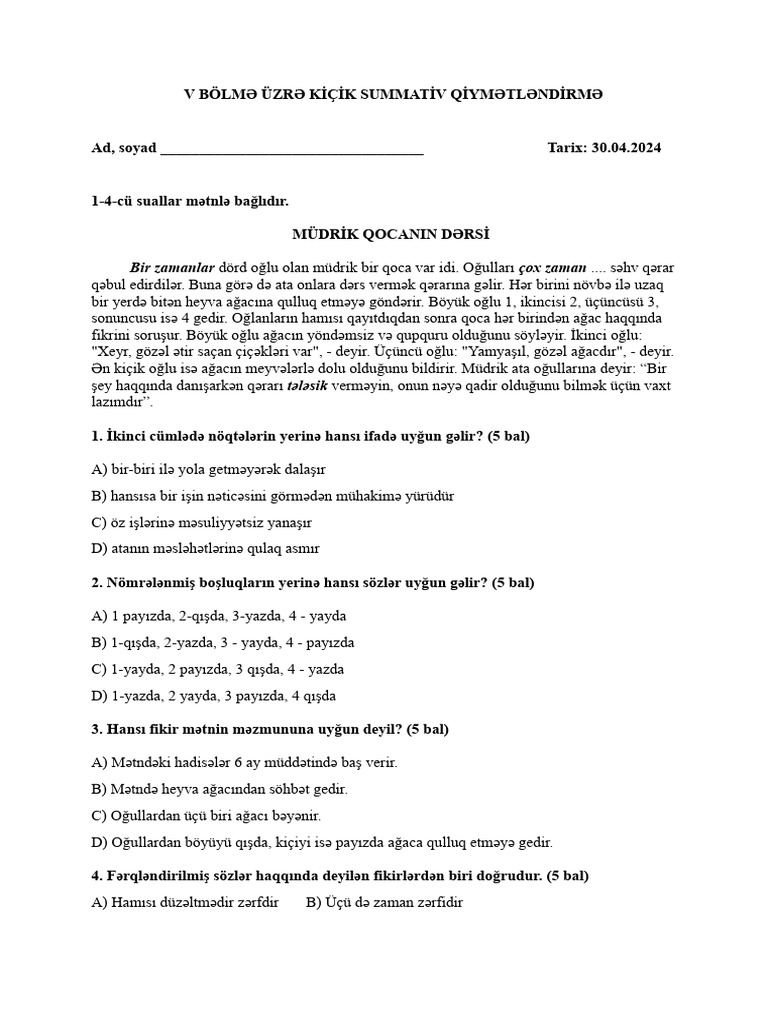 6-Cı Sinif Azərbaycan Dili KSQ 5 | PDF