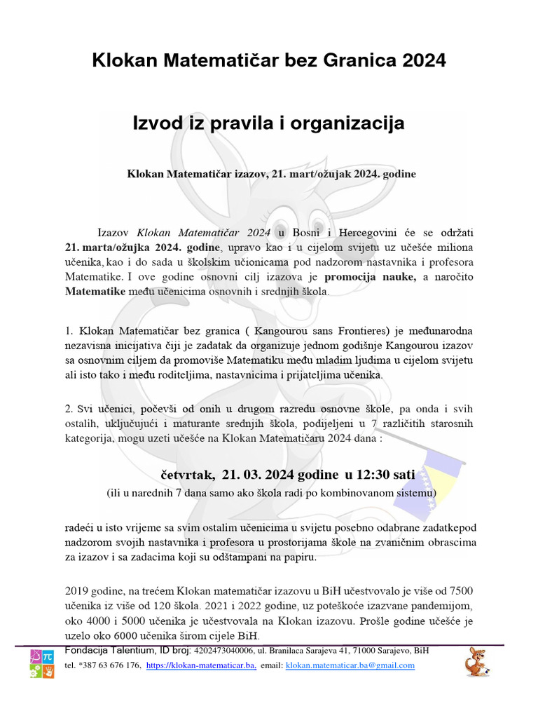 Klokan Matematicar 2024 Pravila | PDF