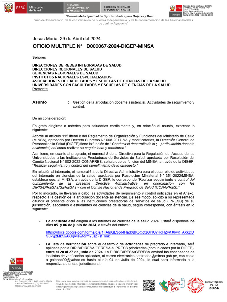 Oficio Multiple-000067-2024-Digep + Encuesta | PDF