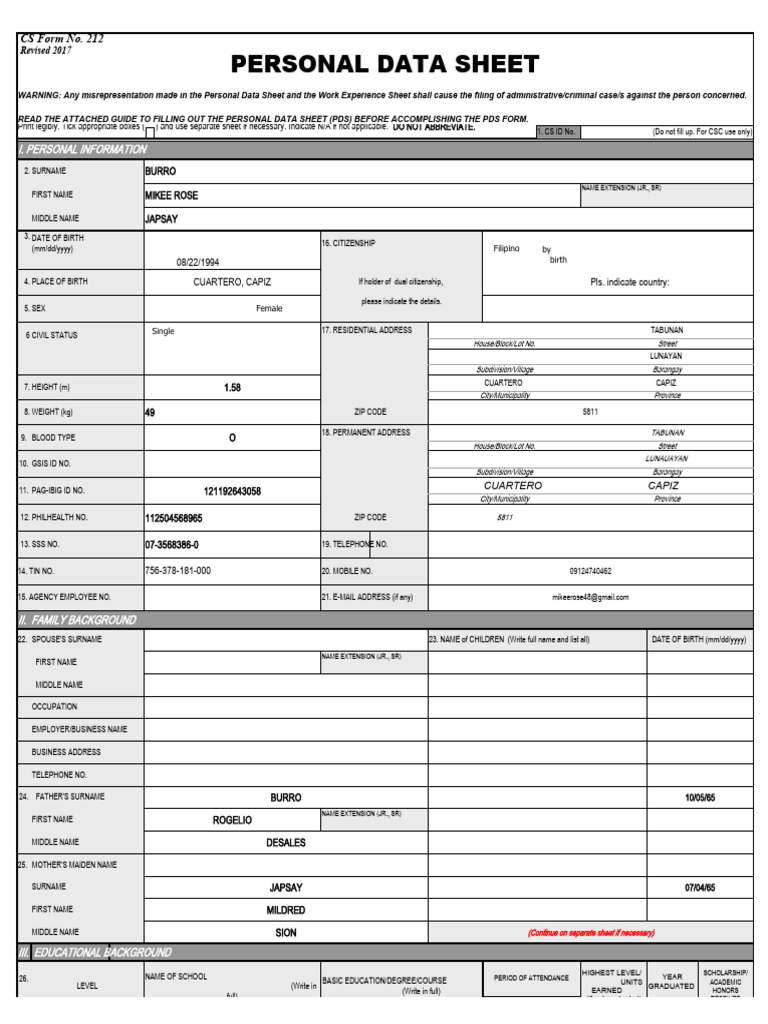 06-CSC Form 21-Revised 2017 (Personal Data Sheet) | Download Free PDF | Justice | Crime & Violence