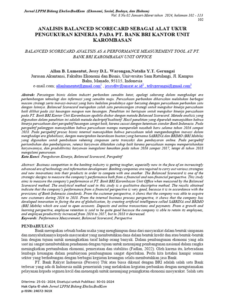 Jurnal "Analisis BSC Sebagai Alat Ukur Pengukuran Kinerja Pada PT BANK BRI Kantor Unit ...