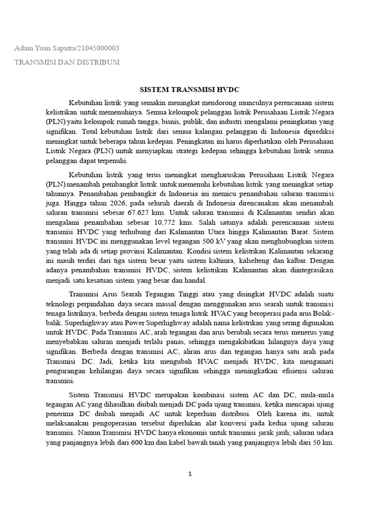 Transmisi HVDC - Adam Yoan S.21045000003 | PDF