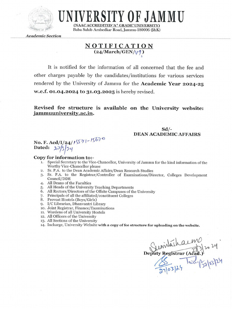 Revised Fees Structure for the Session 2024-25 | PDF