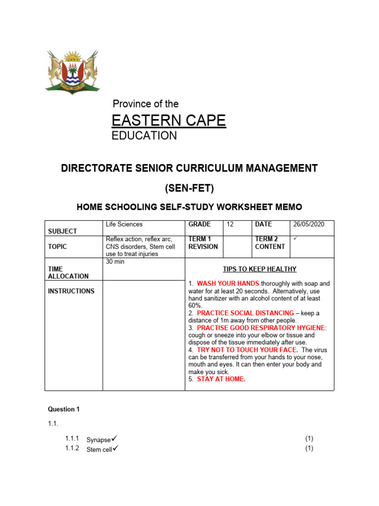 c4 Life Sc Gr 12 Worksheet 3 Reflex Action_ Reflex Arc_ CNS Disorders ...