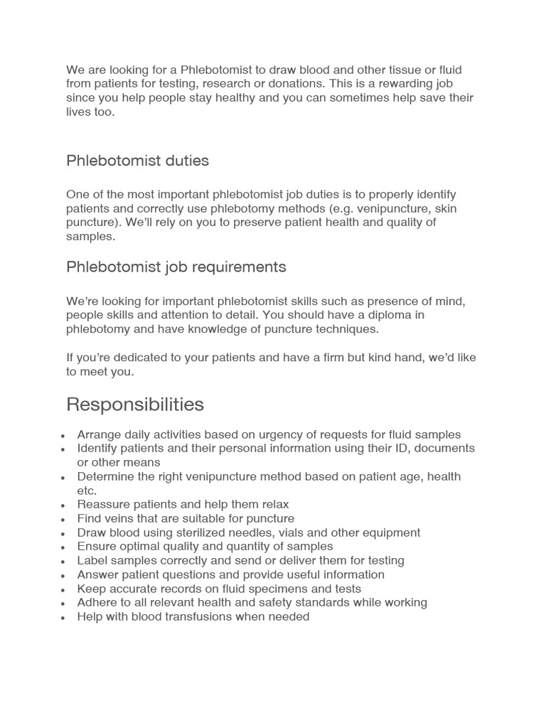 Phlebotomist Job Description Sample Template | PDF | Science & Mathematics