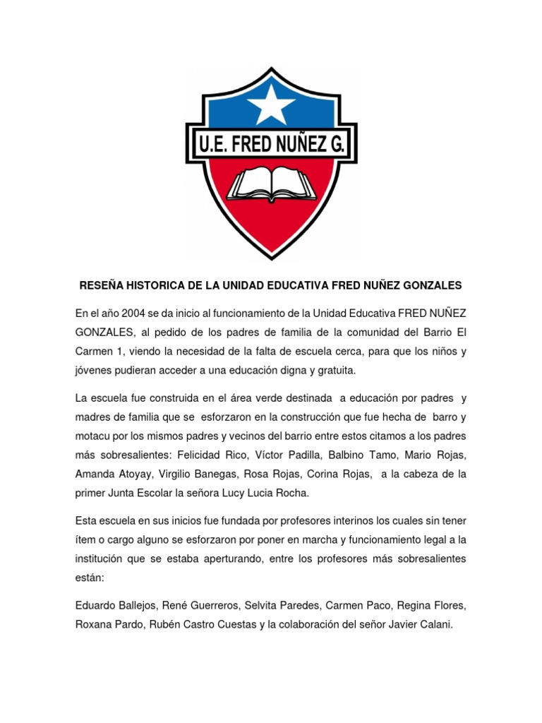 Reseña Historica de La Unidad Educativa Fred Nuñez Gonzales | PDF