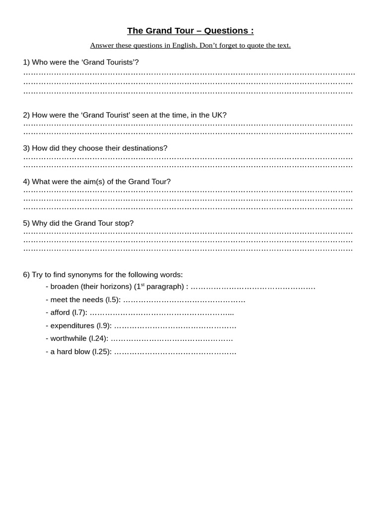 Grand Tour: Key Questions and Insights | PDF