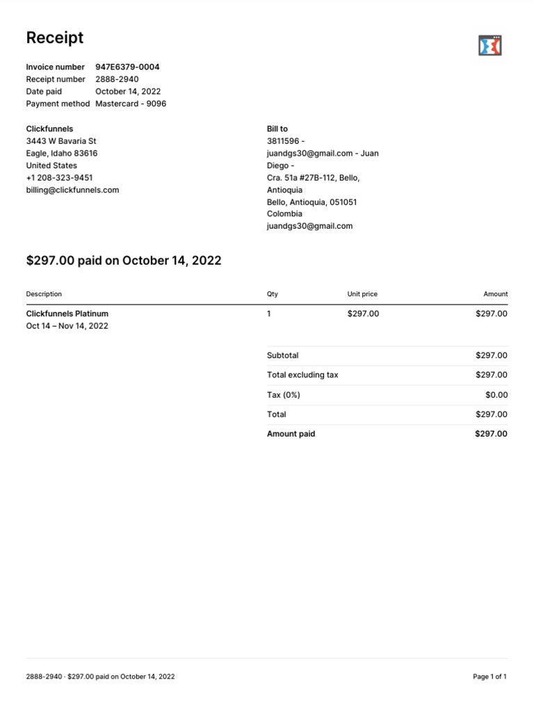 Clickfunnels Receipt for October 2022 | PDF