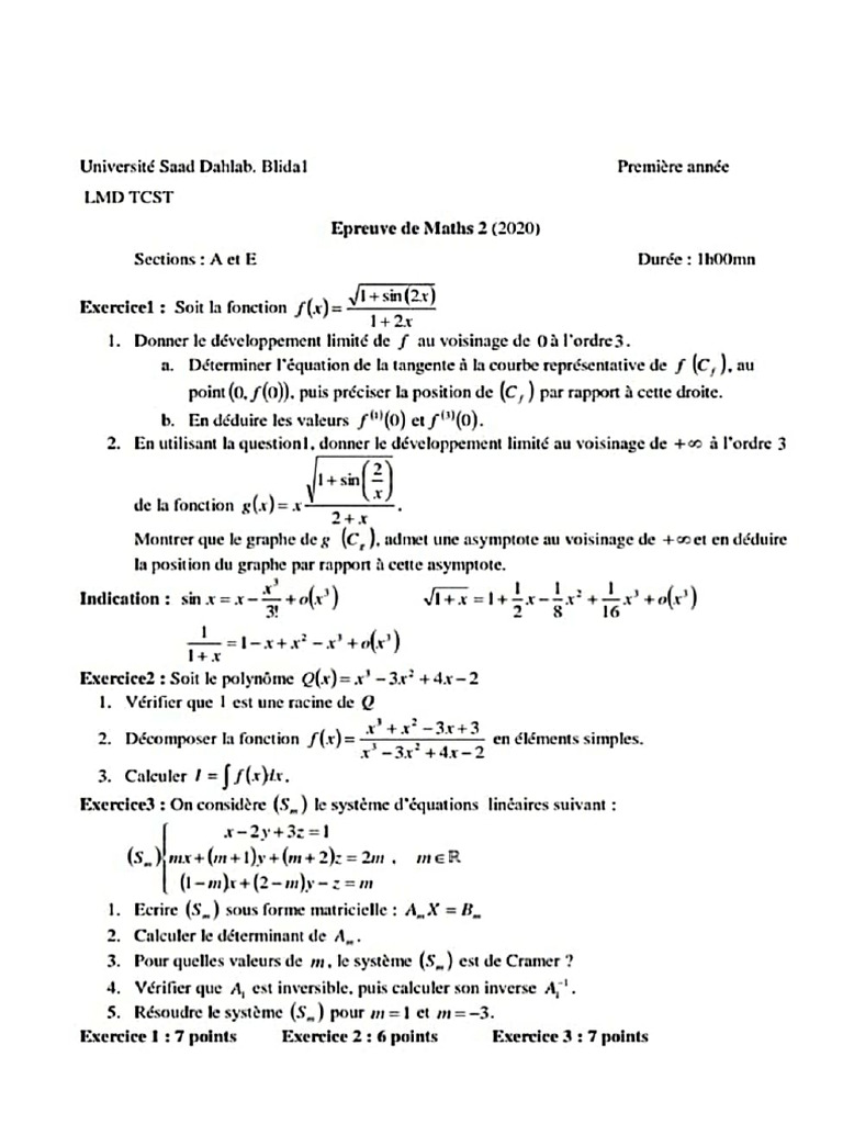 Math2 Sujet A 2020 | PDF