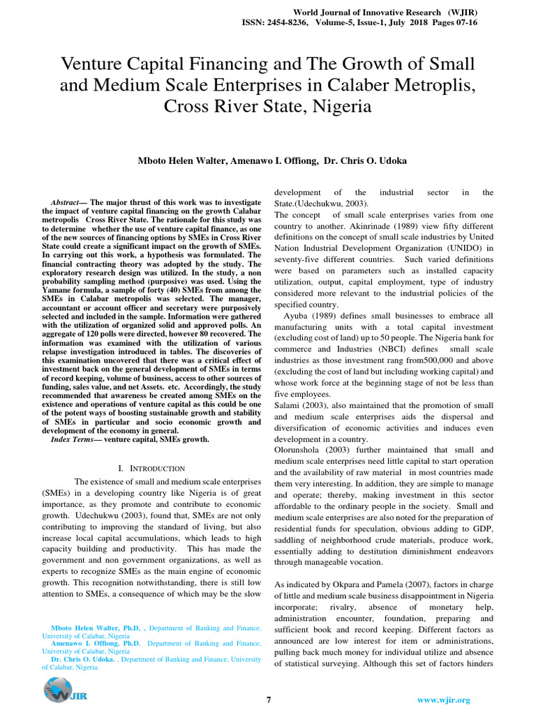 Venture Capital Financing and The Growth of Small and Medium Scale Enterprises in Calaber ...