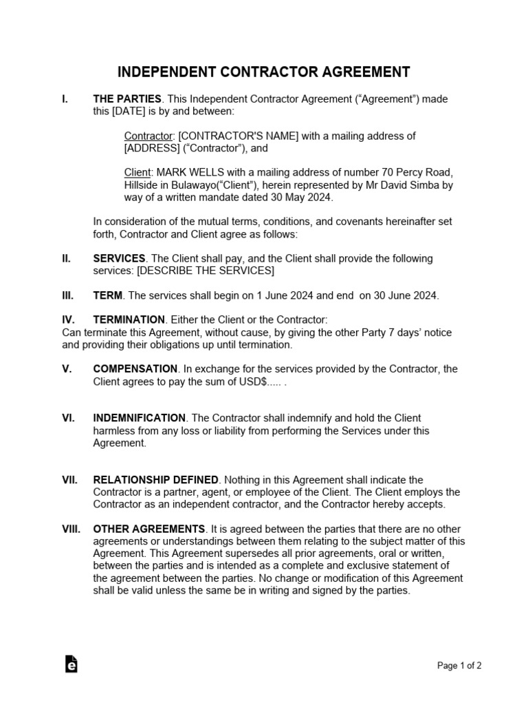 Independent Contract Pdf Indemnity Contract Law