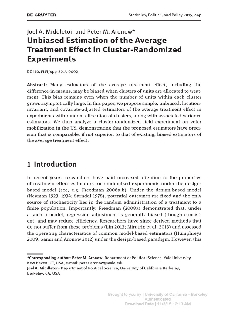 Unbiased Estimation of The Average Treatment Effect in Cluster-Randomized Experiments | PDF ...