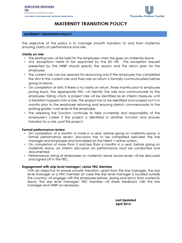 MATERNITY TRANSITION POLICY For All Employees | PDF | Performance Appraisal | Business