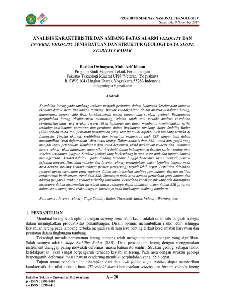 ANALISIS KARAKTERISTIK DAN AMBANG BATAS ALARM VELOCITY DAN INVERSE-VELOCITY JENIS BATUAN DAN ...
