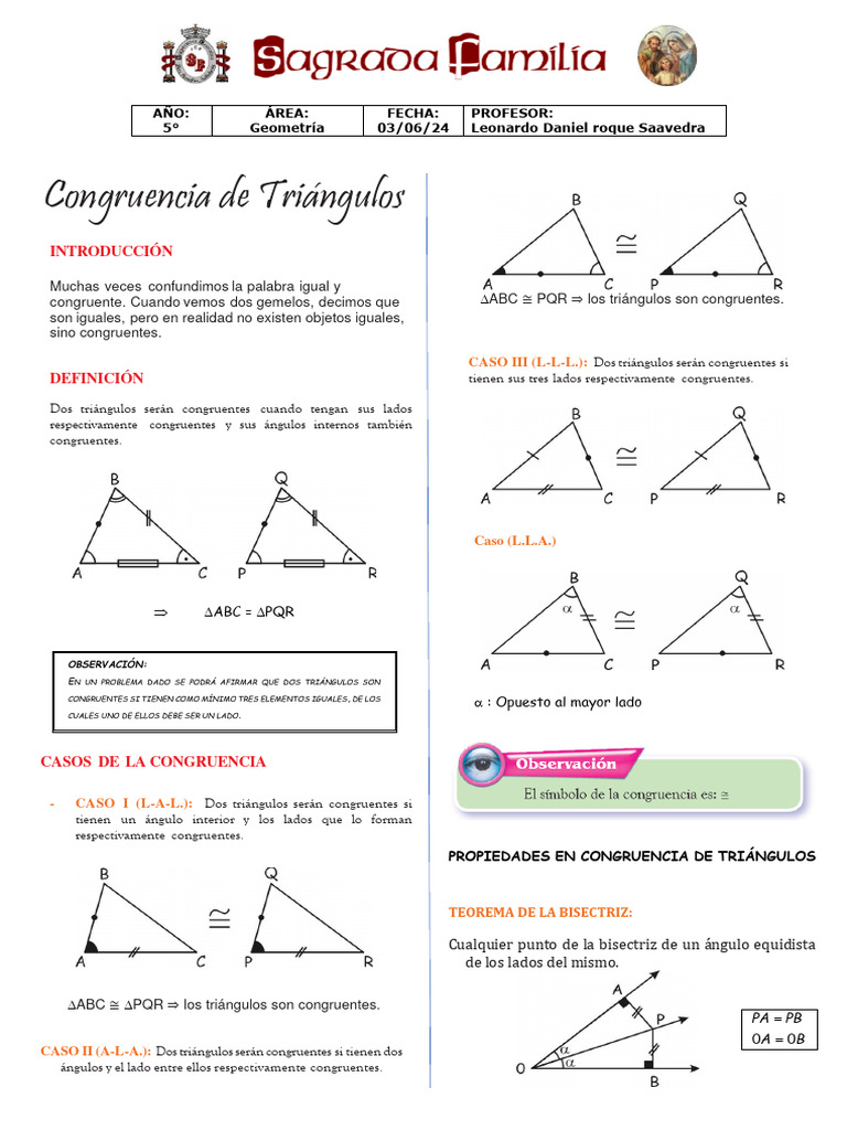 5° - geometria - f3- CONGRUENCIA DE TRIANGULOS | PDF | Triángulo | Geometría del plano euclidiano