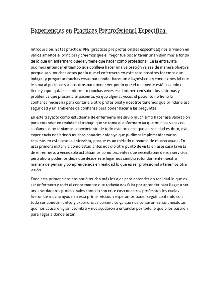 Experiencias en Practicas Preprofesional Especifica | PDF | Enfermería | Conocimiento