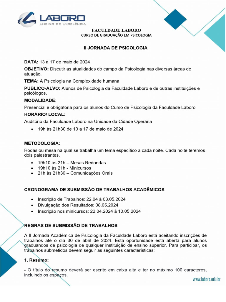 II JAPsi - Regras para Submissão de Trabalhos | PDF | Psicologia | Science