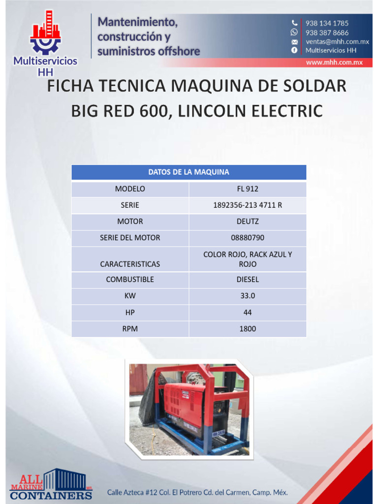Ficha Tecnica Maquina de Soldar Big Red | PDF
