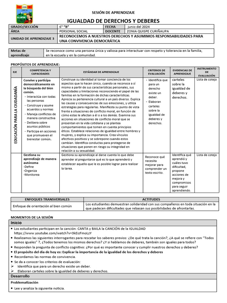 Ps 06 - 06 Igualdad de Derechos y Deberes | PDF | Aprendizaje | Evaluación