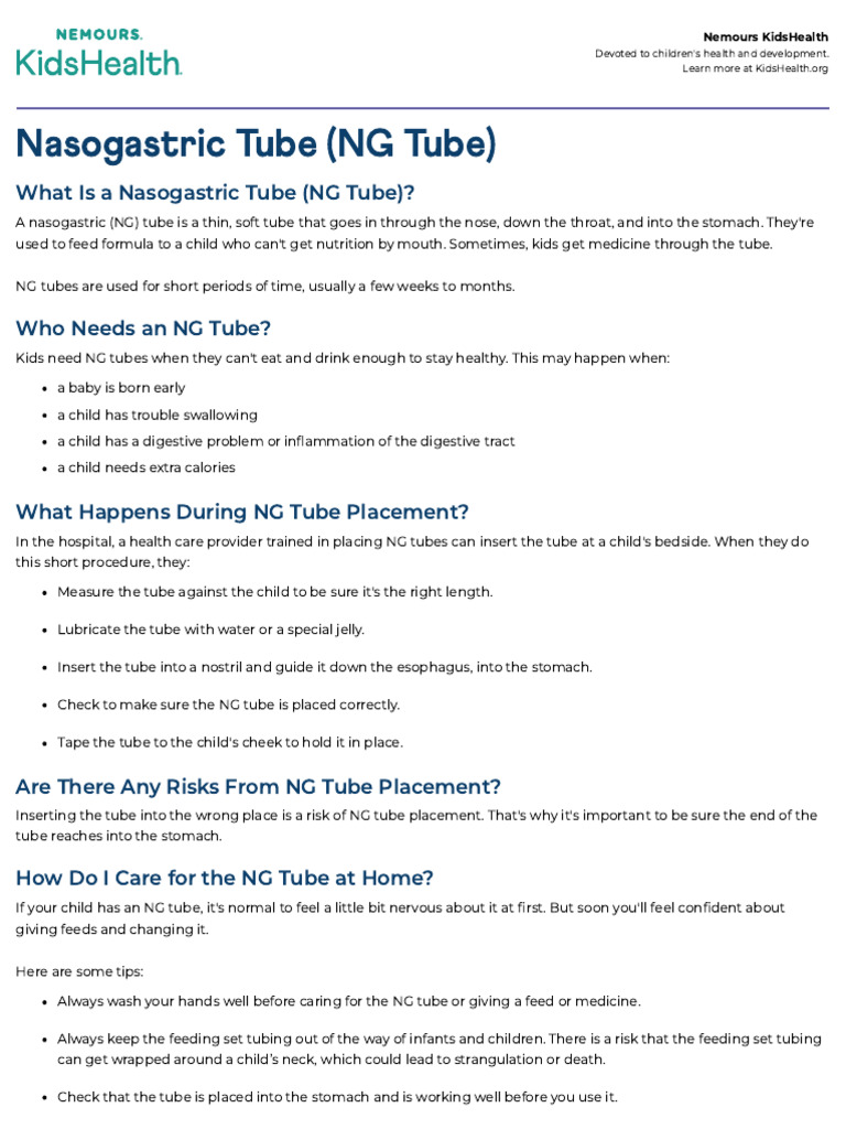 Nasogastric Tube (NG Tube) (For Parents) - Print Version - Nemours ...