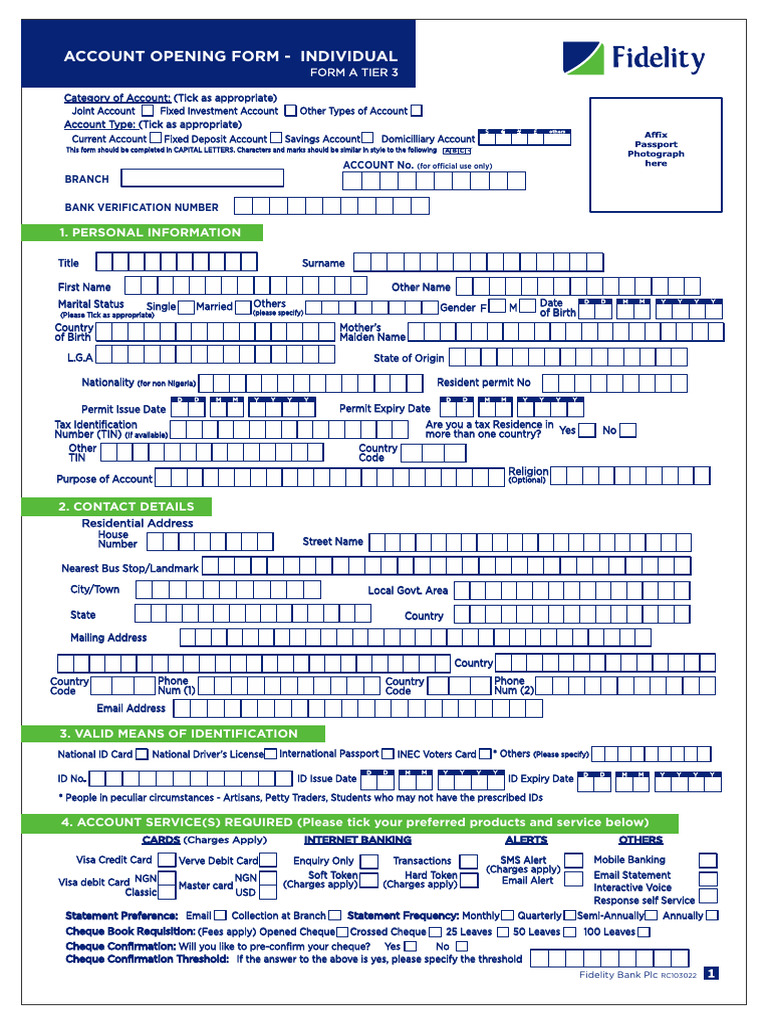 Fidelity Bank Individual Account Form | PDF | Banks | Cheque