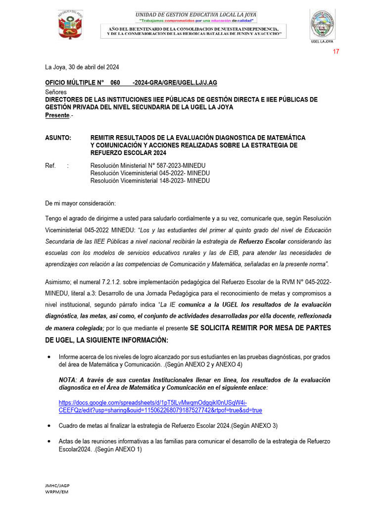 Oficio Multiple N 60 Solicitando Acciones Sobre Refuerzo Escolar 2024
