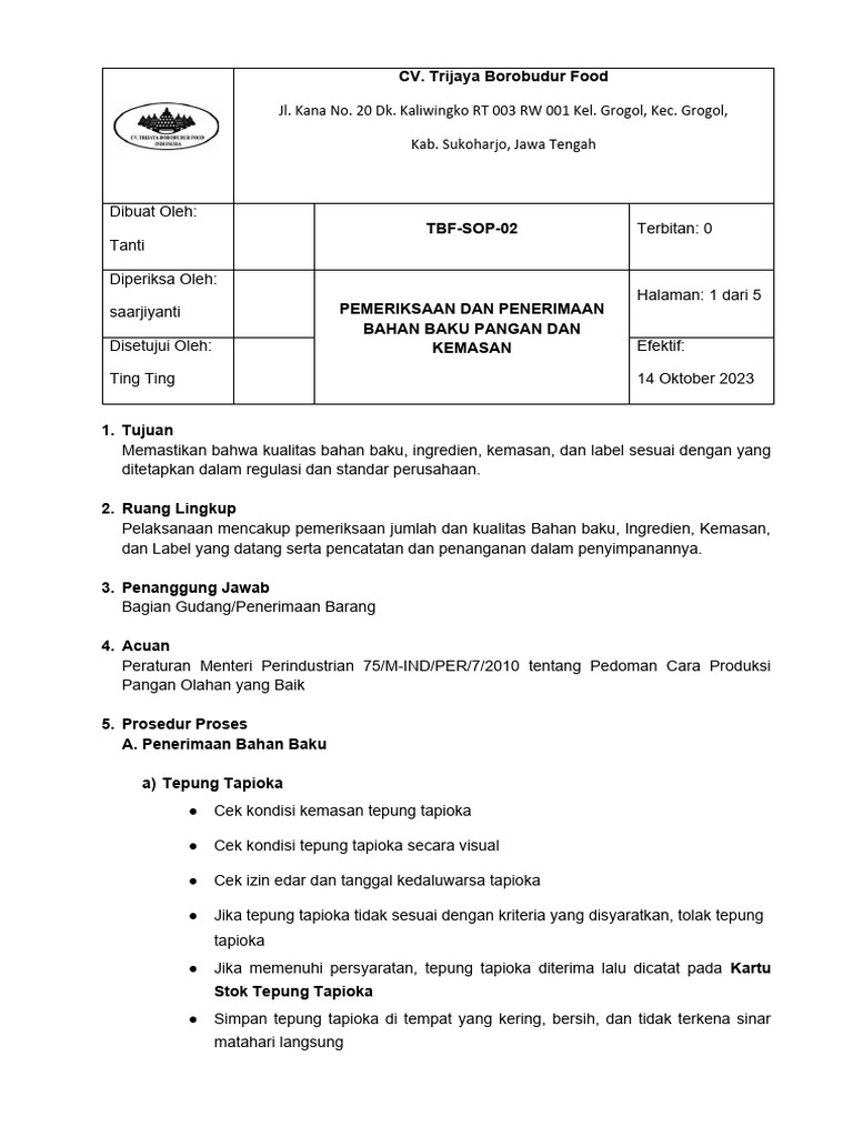 SOP-02-Pemeriksaan Dan Penerimaan Bahan Baku Pangan Dan Kemasan | PDF