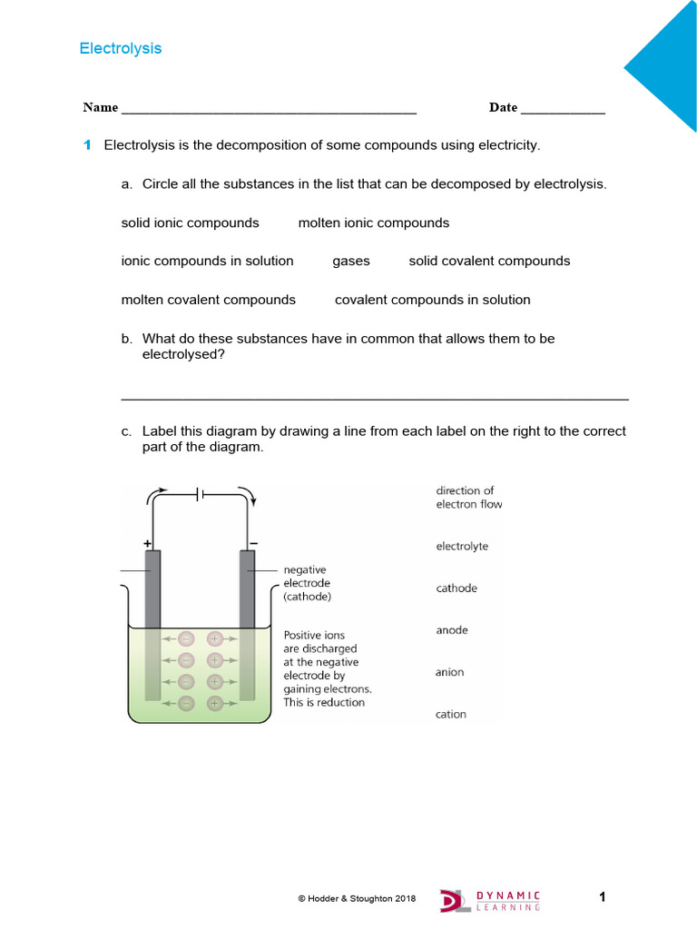 Worksheet Electrolysis Adjusted | PDF | Redox | Chemical Process ...