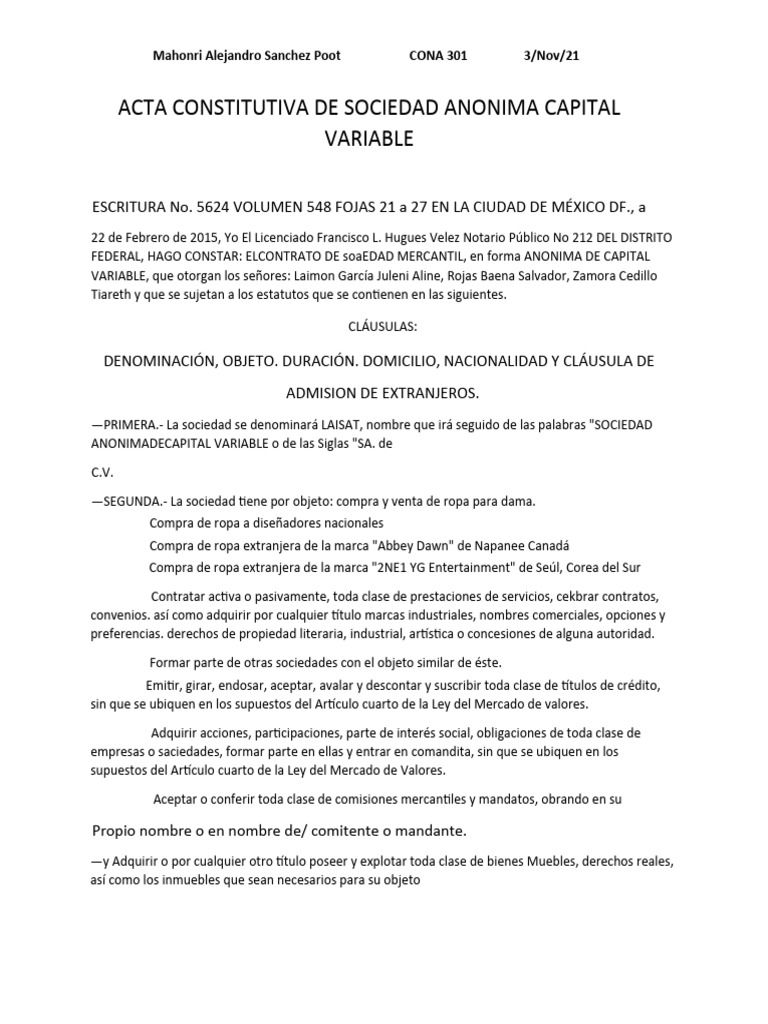 Acta Constitutiva Sa de CV | PDF | Derecho