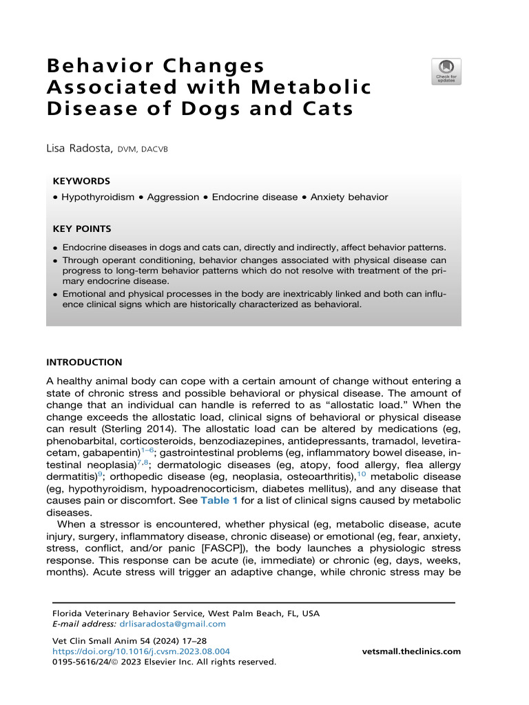 Behavior Changes Associated with Metabolic Disease of Dogs and Cats ...