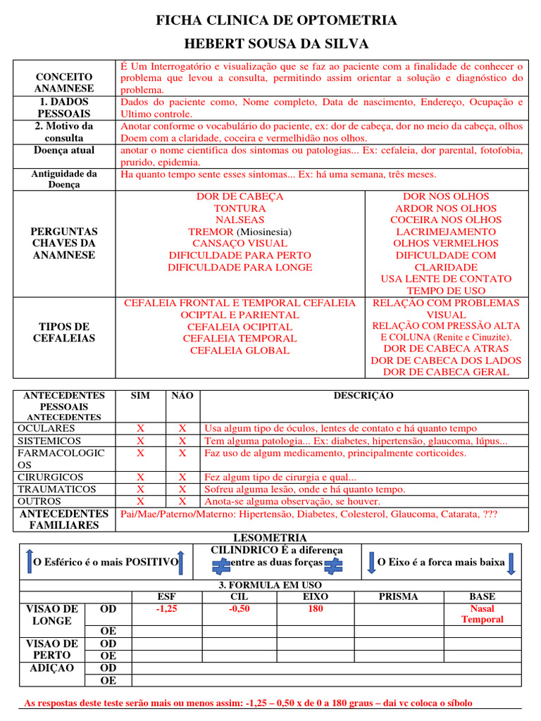 Ficha Clinica de Optometria Responida | Download grátis PDF | Sistema visual | Olho