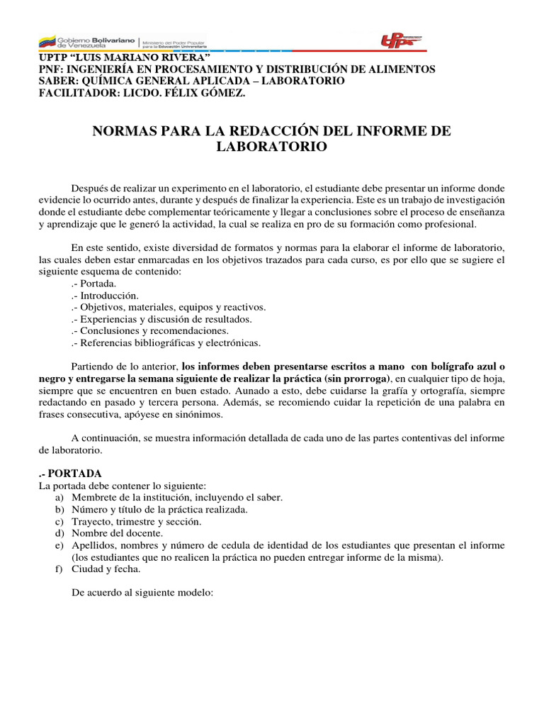 Normas para La Redacción Del Informe de Laboratorio | PDF | Laboratorios | Experimentar