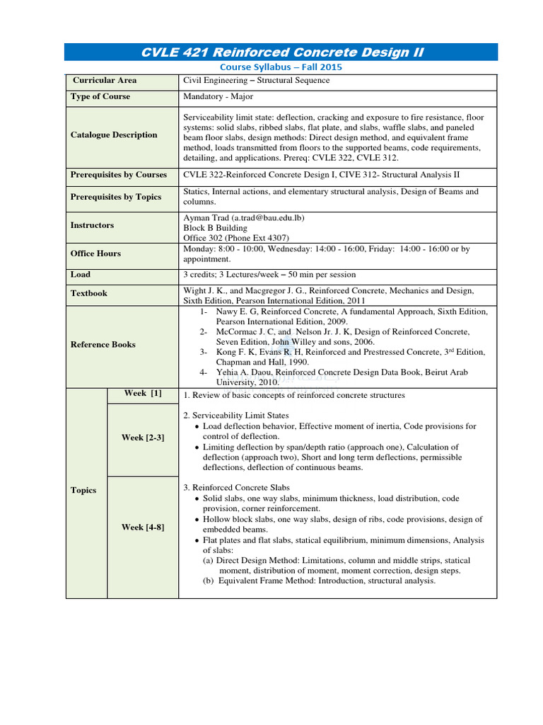 Reinforced Concrete Design II Syllabus | PDF | Beam (Structure ...